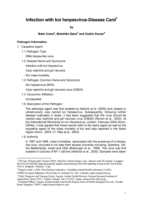Infection with koi herpes virus: Disease card
