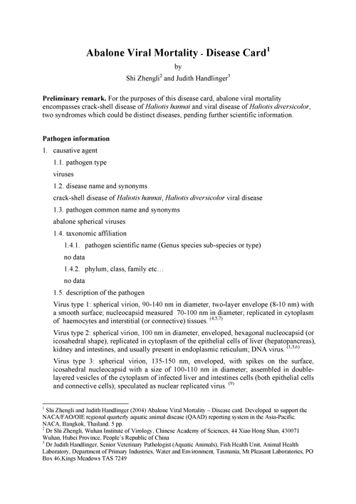 Abalone viral mortality: Disease card