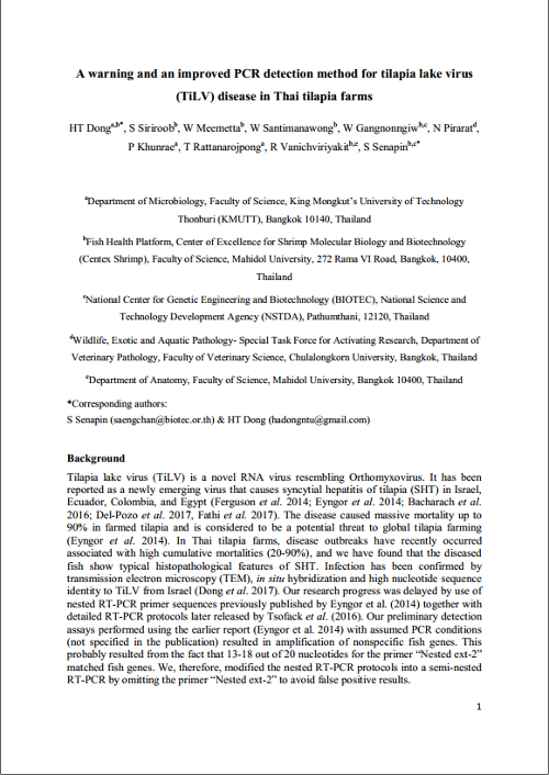 A warning and an improved PCR detection method for tilapia lake virus ...