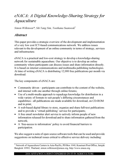 eNACA: A digital knowledge-sharing strategy for aquaculture