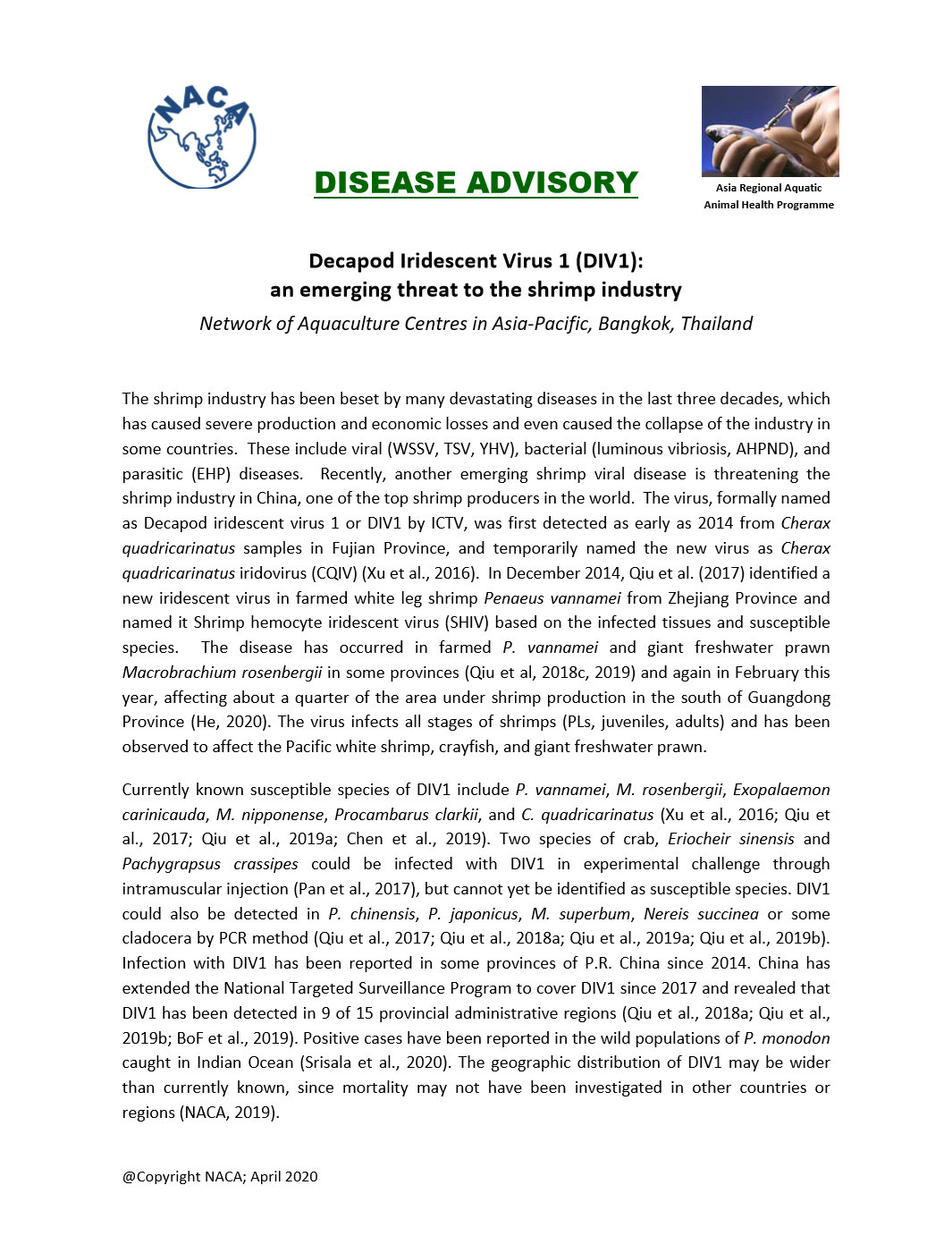 Disease advisory: Decapod Iridescent Virus 1 (DIV1): An emerging threat ...